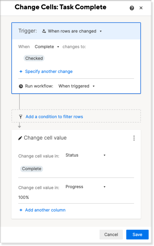 Change a cell value with an automated workflow | Smartsheet Learning Center